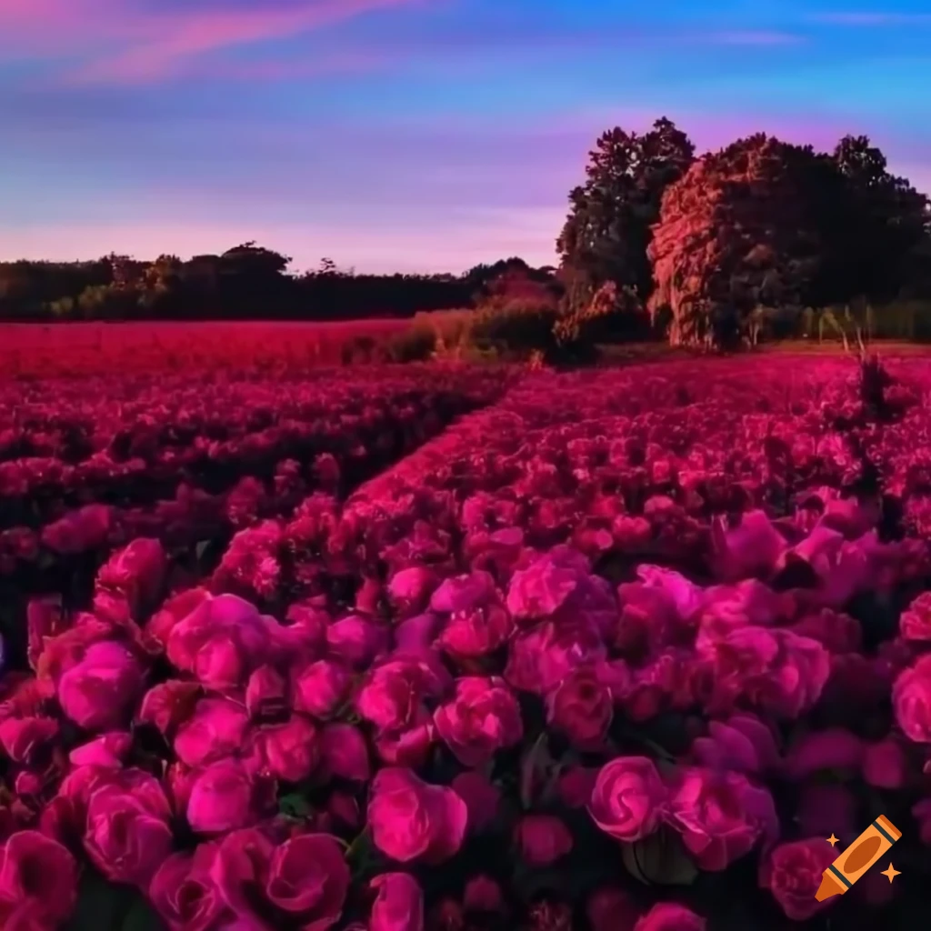 Vivid magenta roses in full bloom in a stunning field on Craiyon
