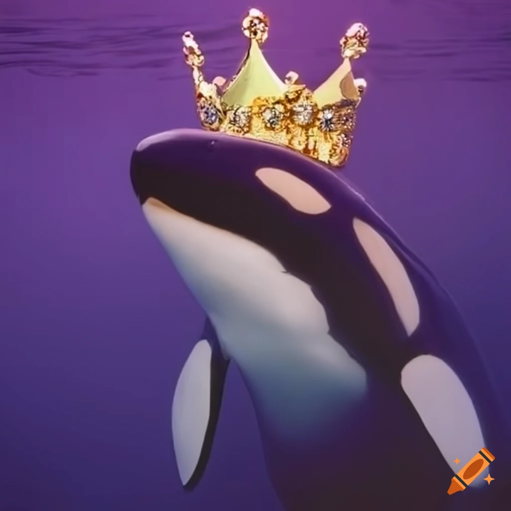 Orca wearing a gold crown on a purple backdrop on Craiyon