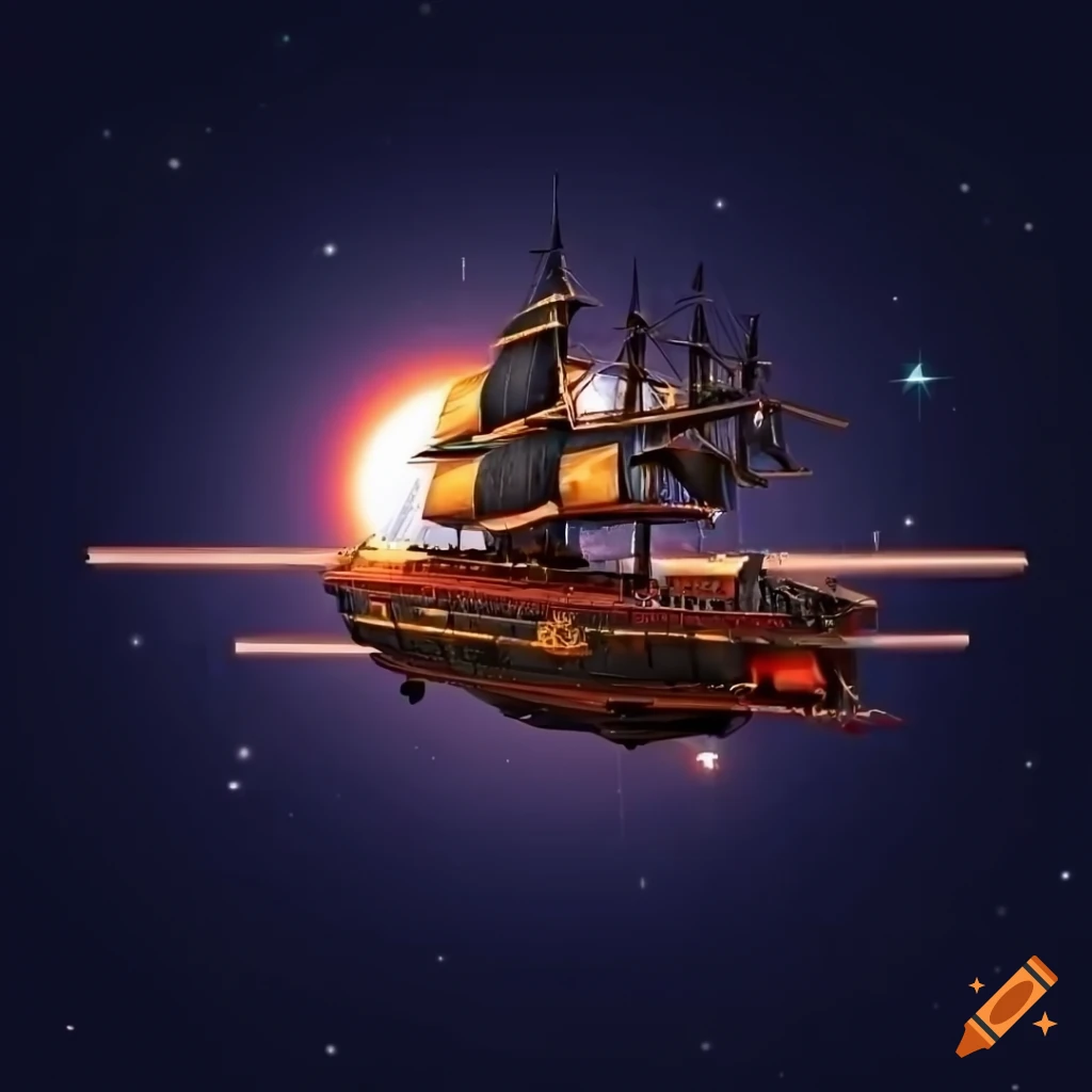 Solar punk ship with rocket engines flying by stars, planet, and moon ...