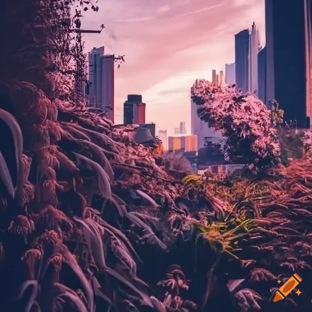 City covered in plants on Craiyon