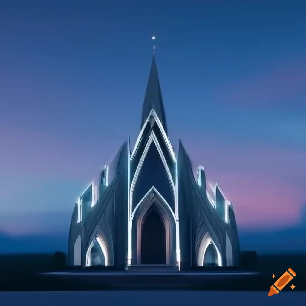 Minimalist futuristic gothic church exterior with glowing crystals ...