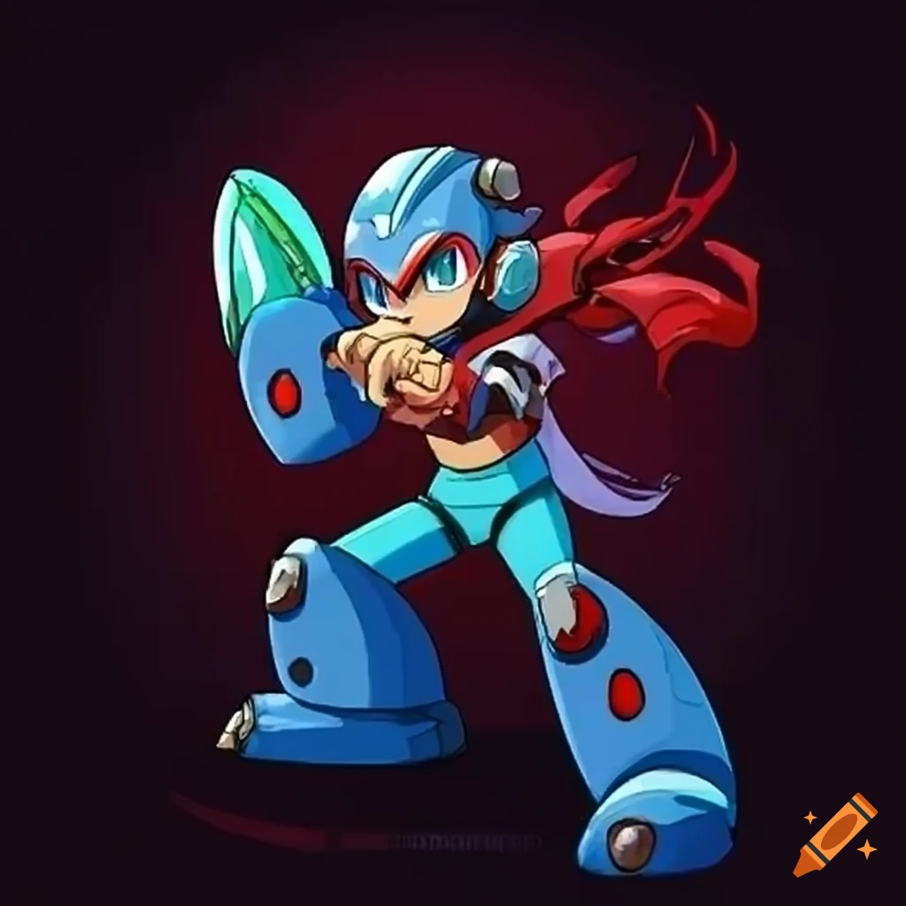 Mega man wielding a sword in a samurai outfit on Craiyon