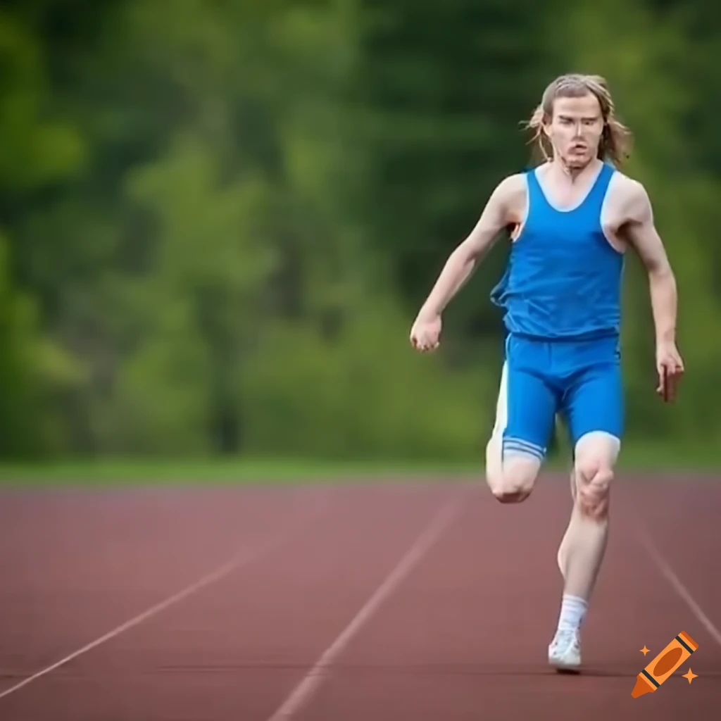 White man with a mullet hair running on a blue track and field oval on ...