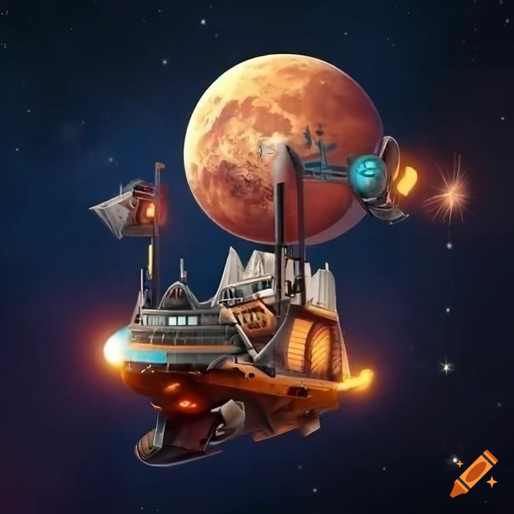 Detailed solar punk ship flying vessel with rocket engines, stars, and ...