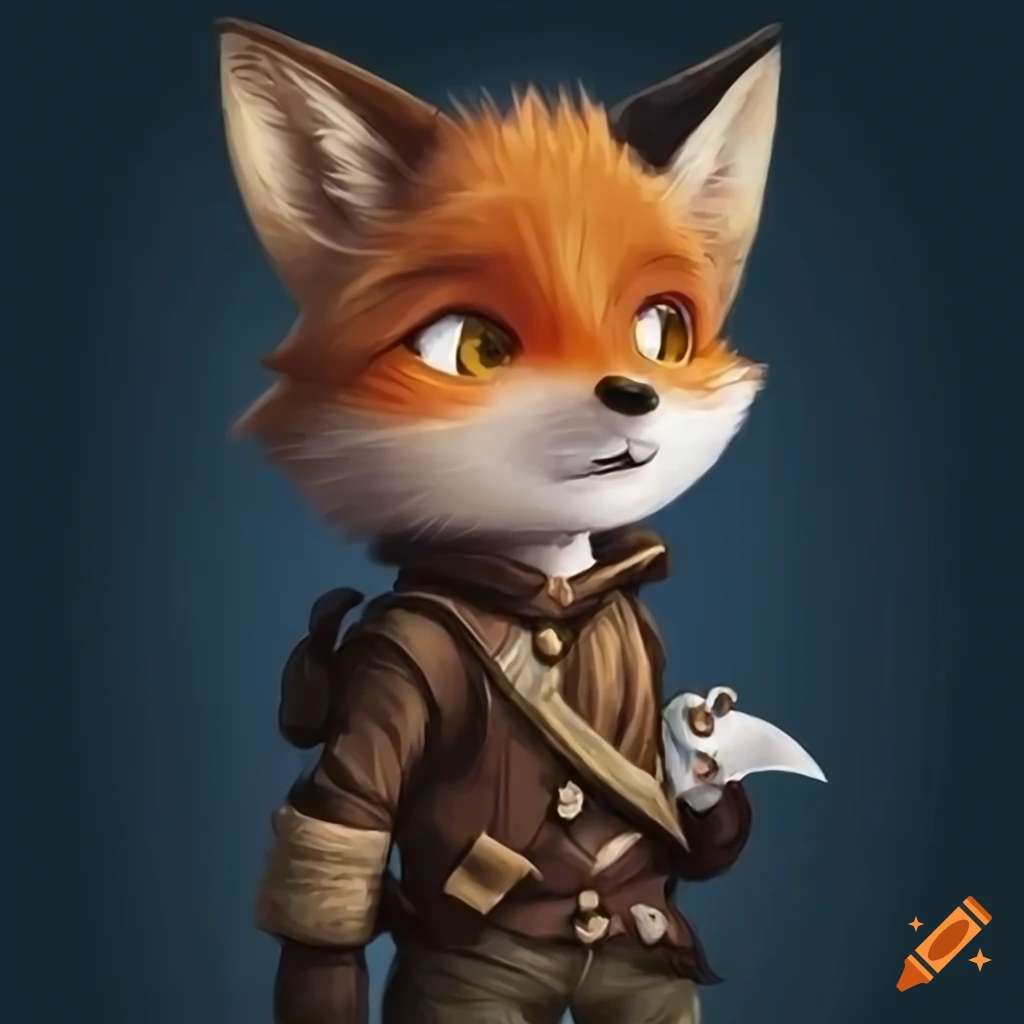 Anthropomorphic chibi fox adventurer with yellow eyes in classic anime ...