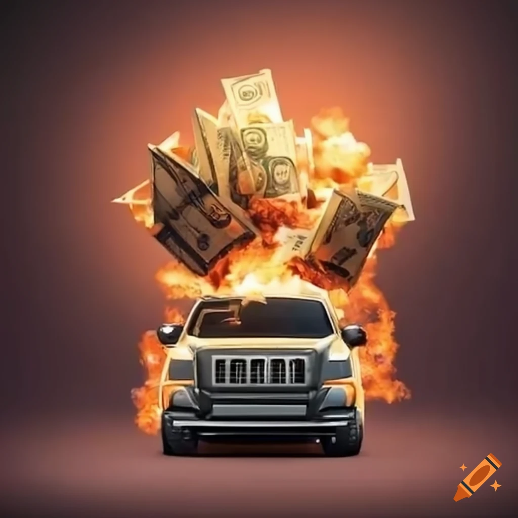 Explosion of money with SUV, house, credit cards, and shopping bags on ...