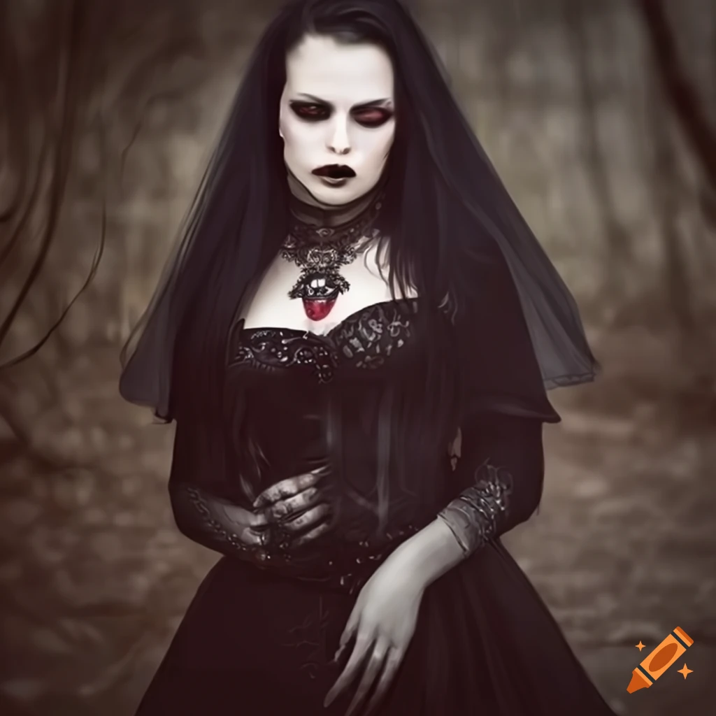 Gothic style vampire female in a 1200s town setting on Craiyon