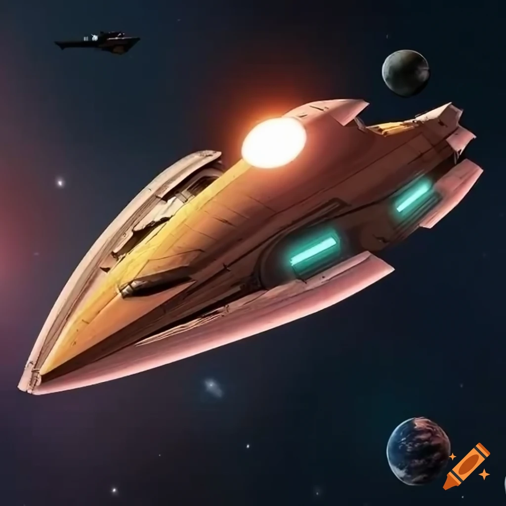 Futuristic space sailing ship traveling between interstellar planets ...