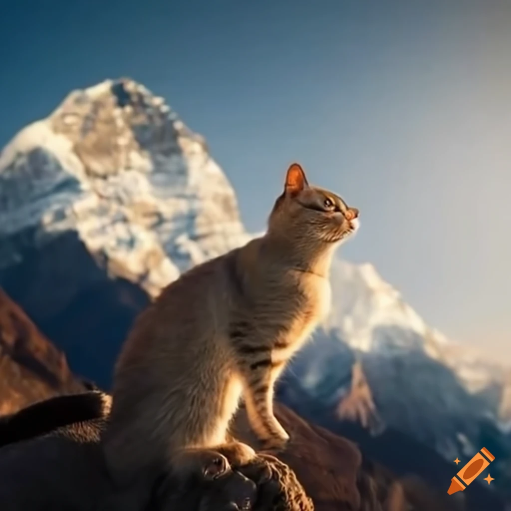 Cat in the everest mountains looking up at the sun on Craiyon