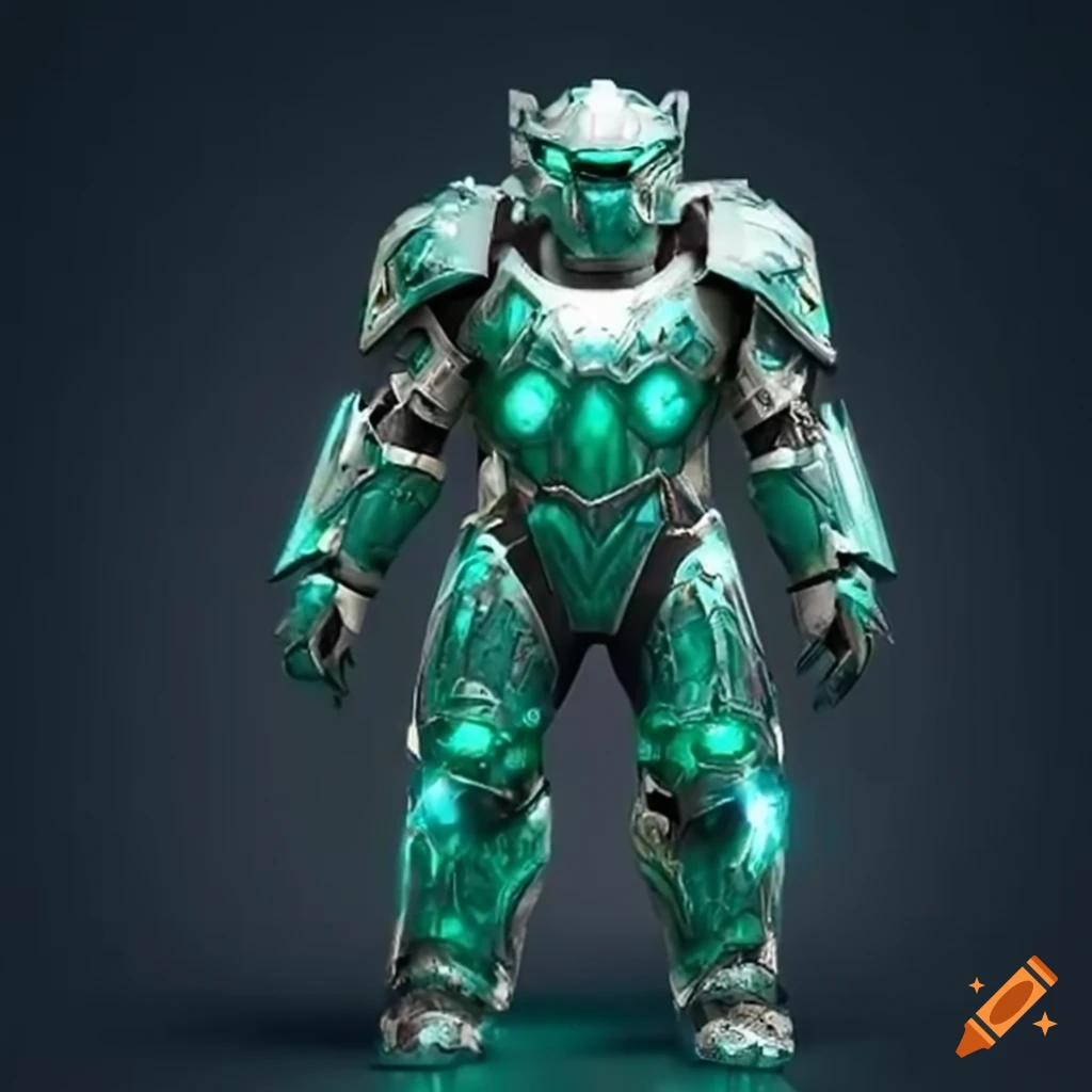 Intense and powerful full-body emerald crystal power armor on Craiyon