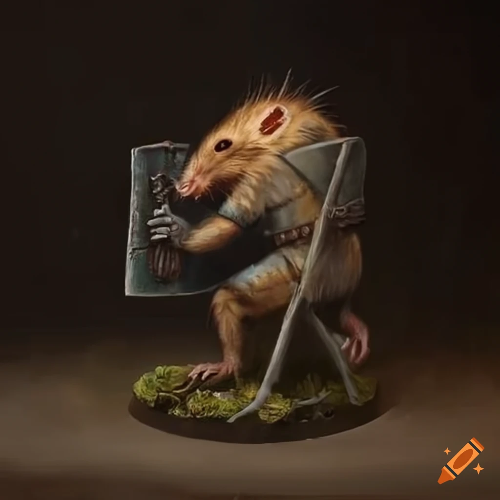 Army rat holding a riot shield in a medieval painting on Craiyon