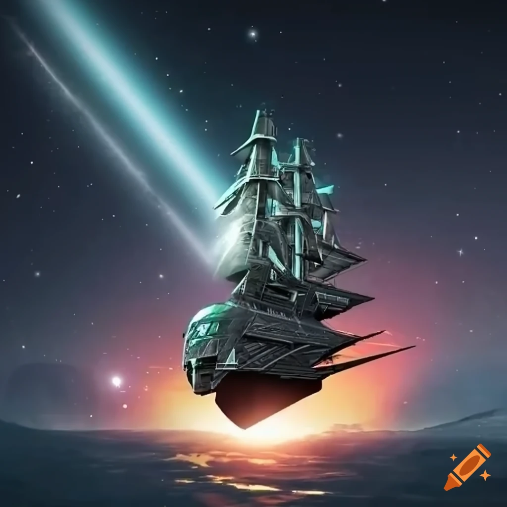 Futuristic space sailing ship traveling between interstellar planets ...