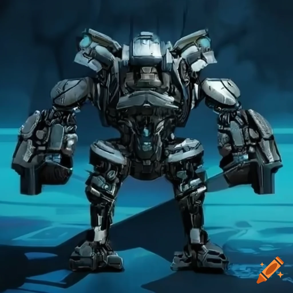 Sleek and powerful mech suit with intricate design and athletic lead ...