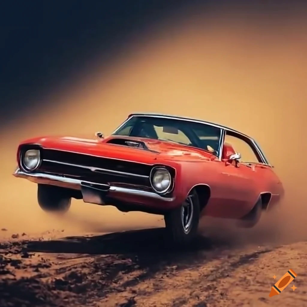 Vintage muscle car driving down a dirt road on Craiyon