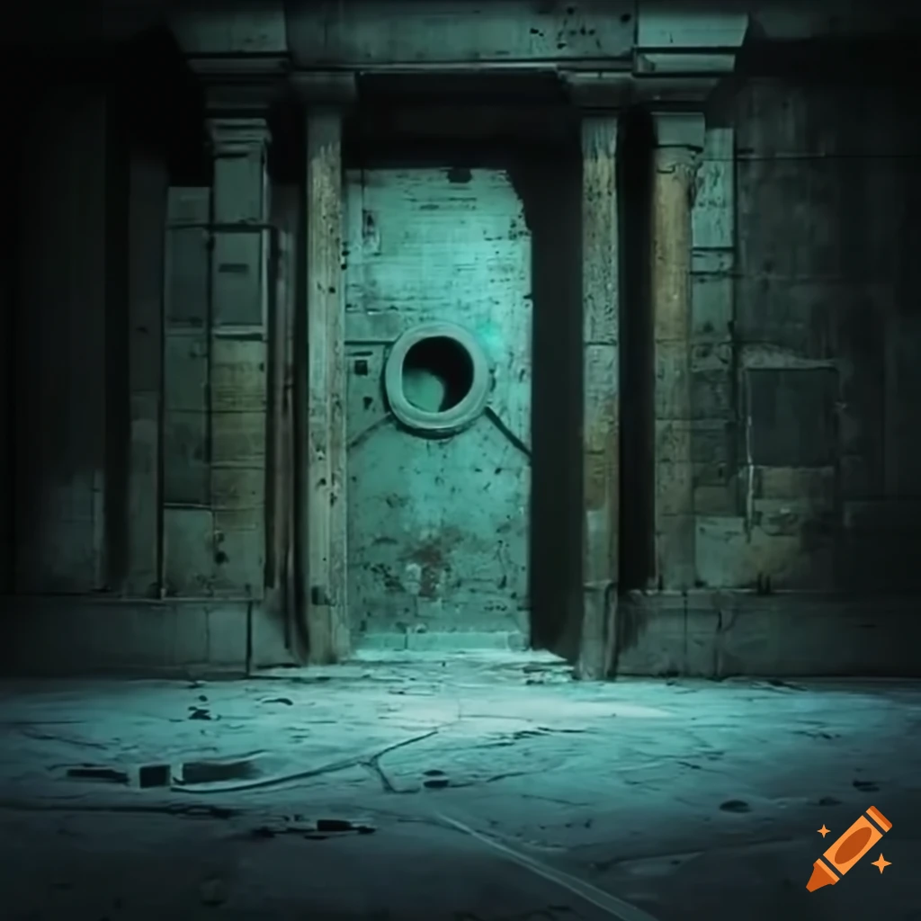 Abandoned underground vault with three pedestals on Craiyon