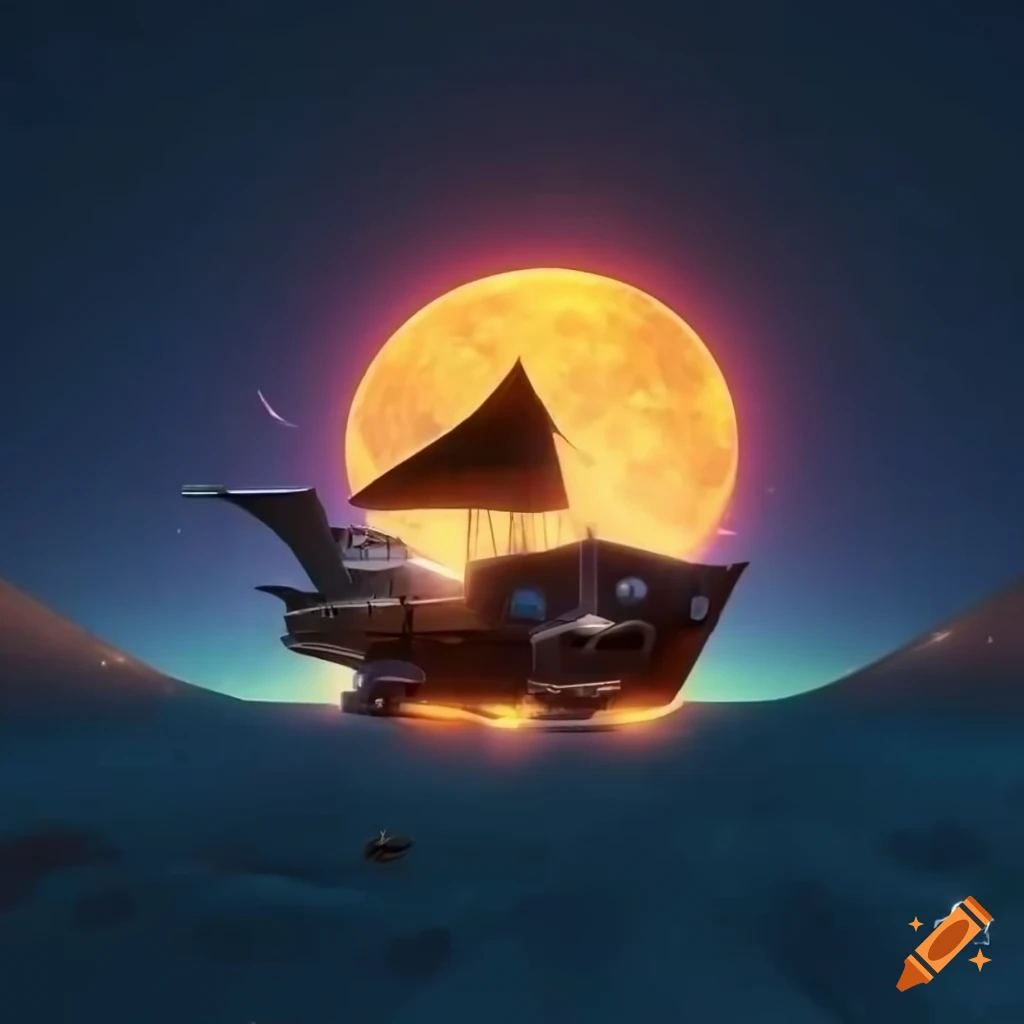 Solar punk ship with rocket engines flying by stars, planet, and moon ...