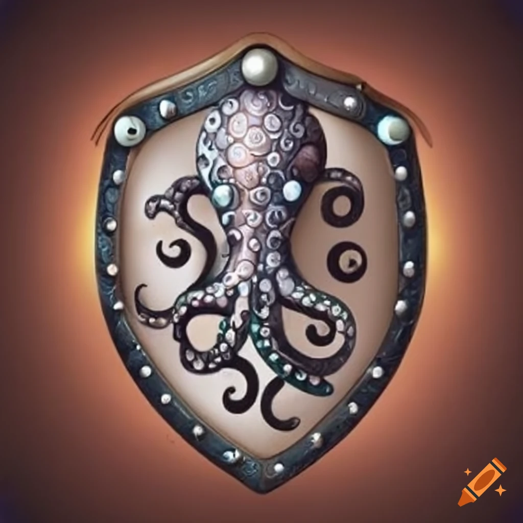 Metallic heraldic shield with intricate octopus designs on Craiyon
