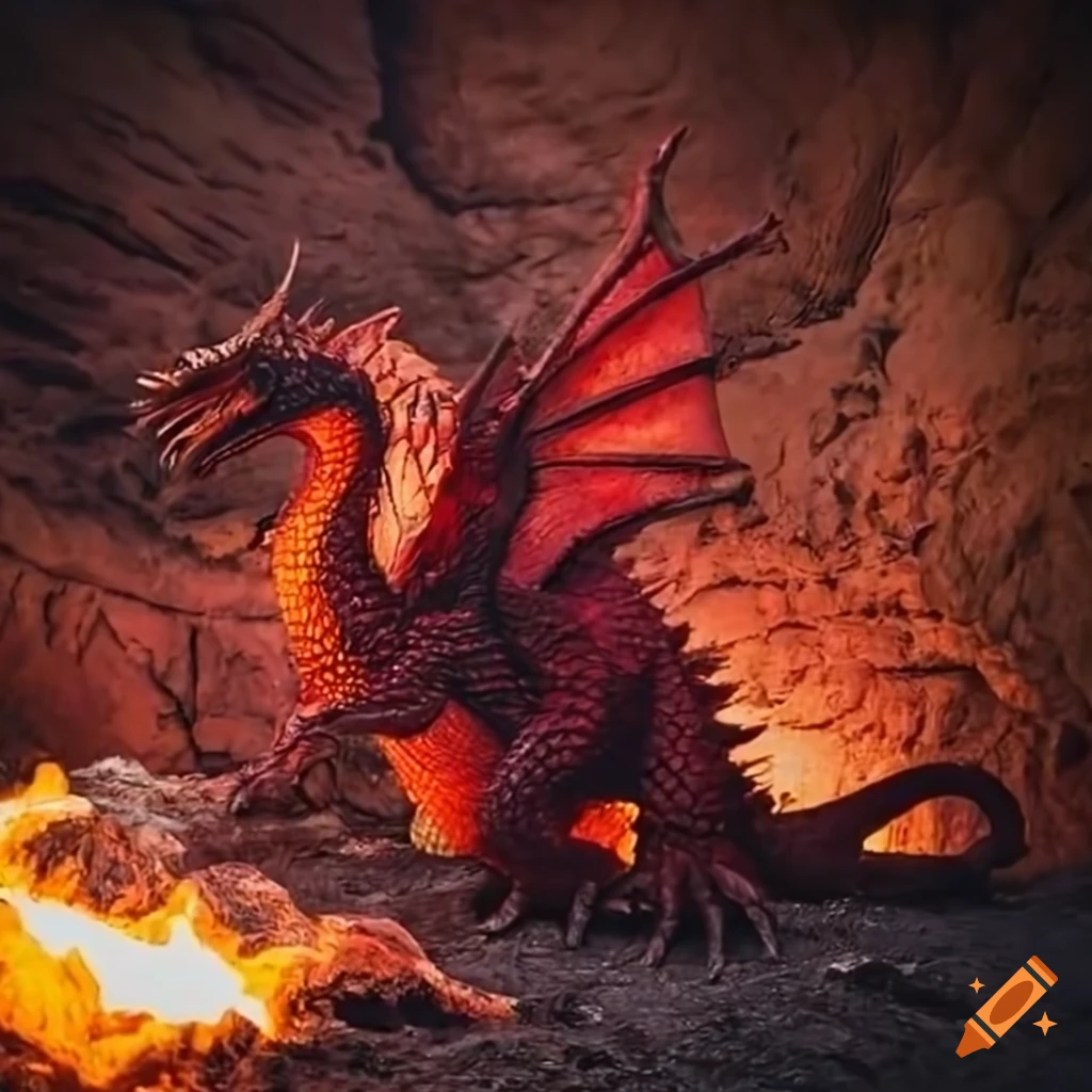 Majestic red dragon in a cave surrounded by treasure and lava bonfire ...