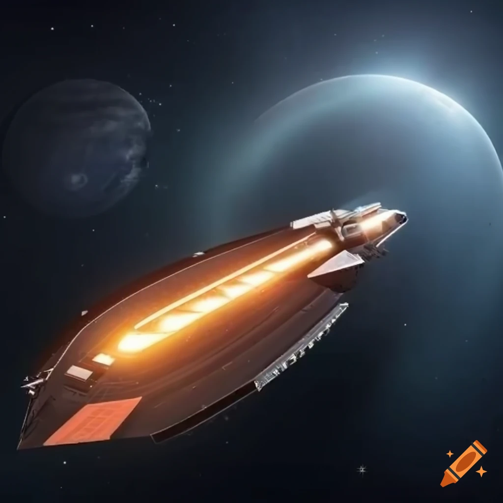 Futuristic space sailing ship traveling between interstellar planets ...