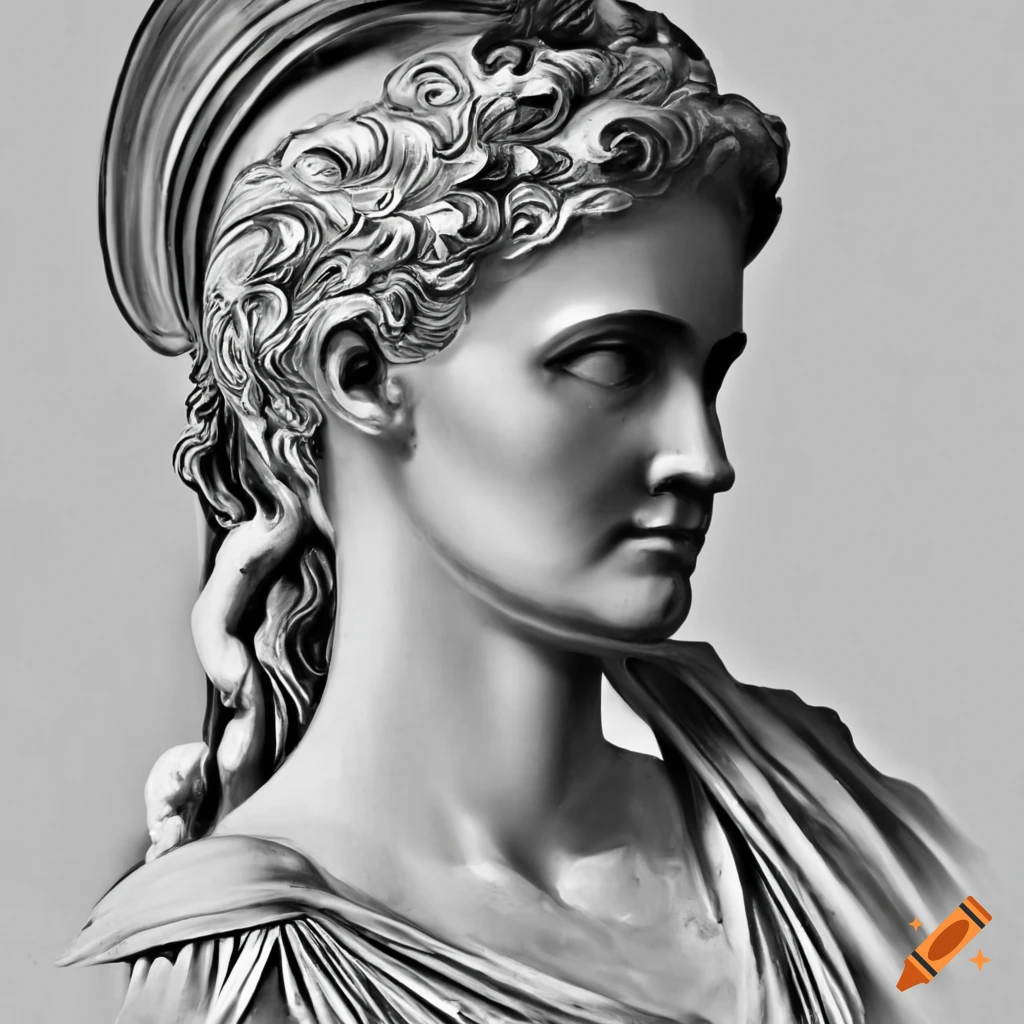 Greek statue of marie curie as athena with a helmet on Craiyon