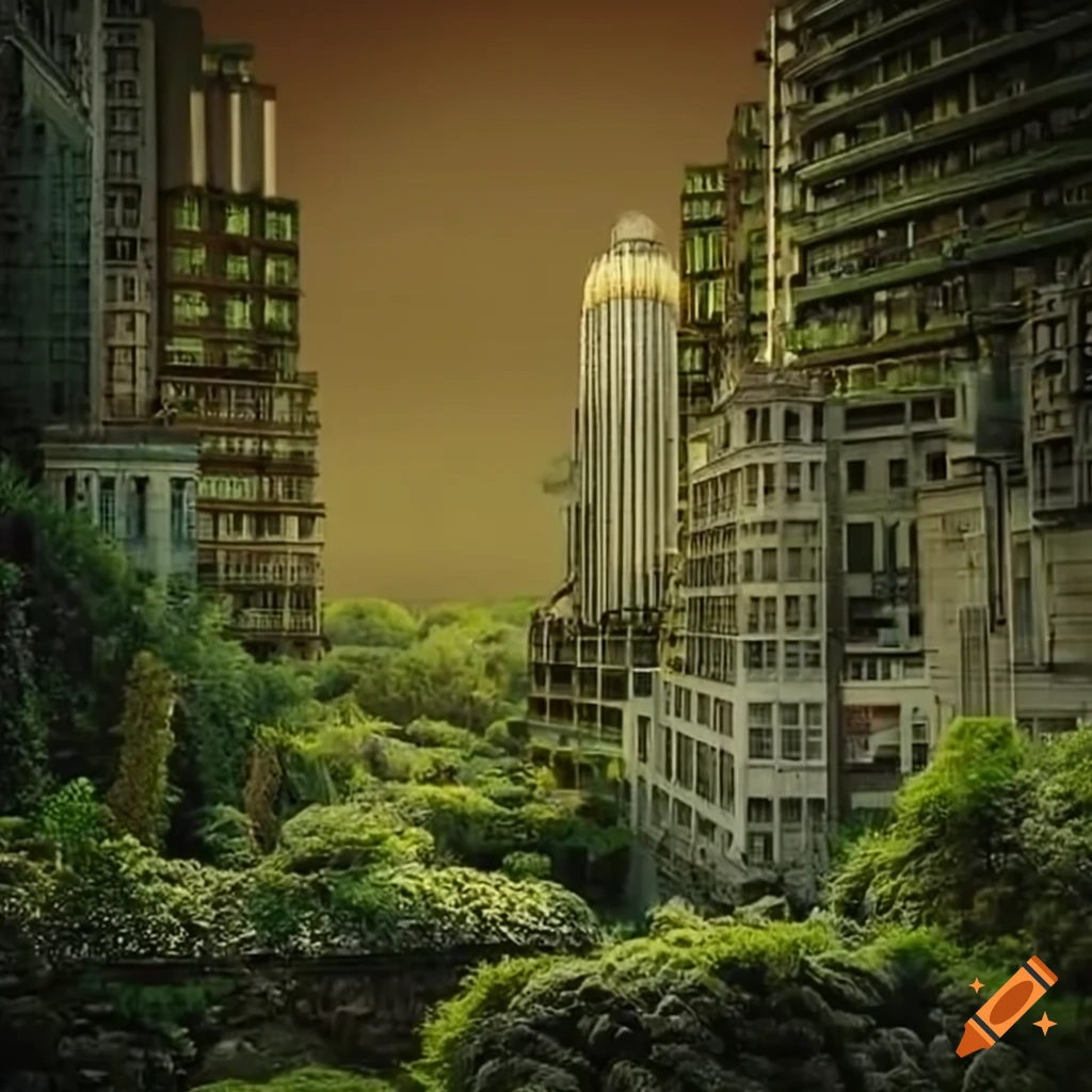 City covered in plants on Craiyon