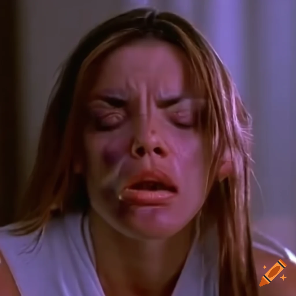 Raquel Rodriguez in a dramatic fight scene with bruised face on Craiyon