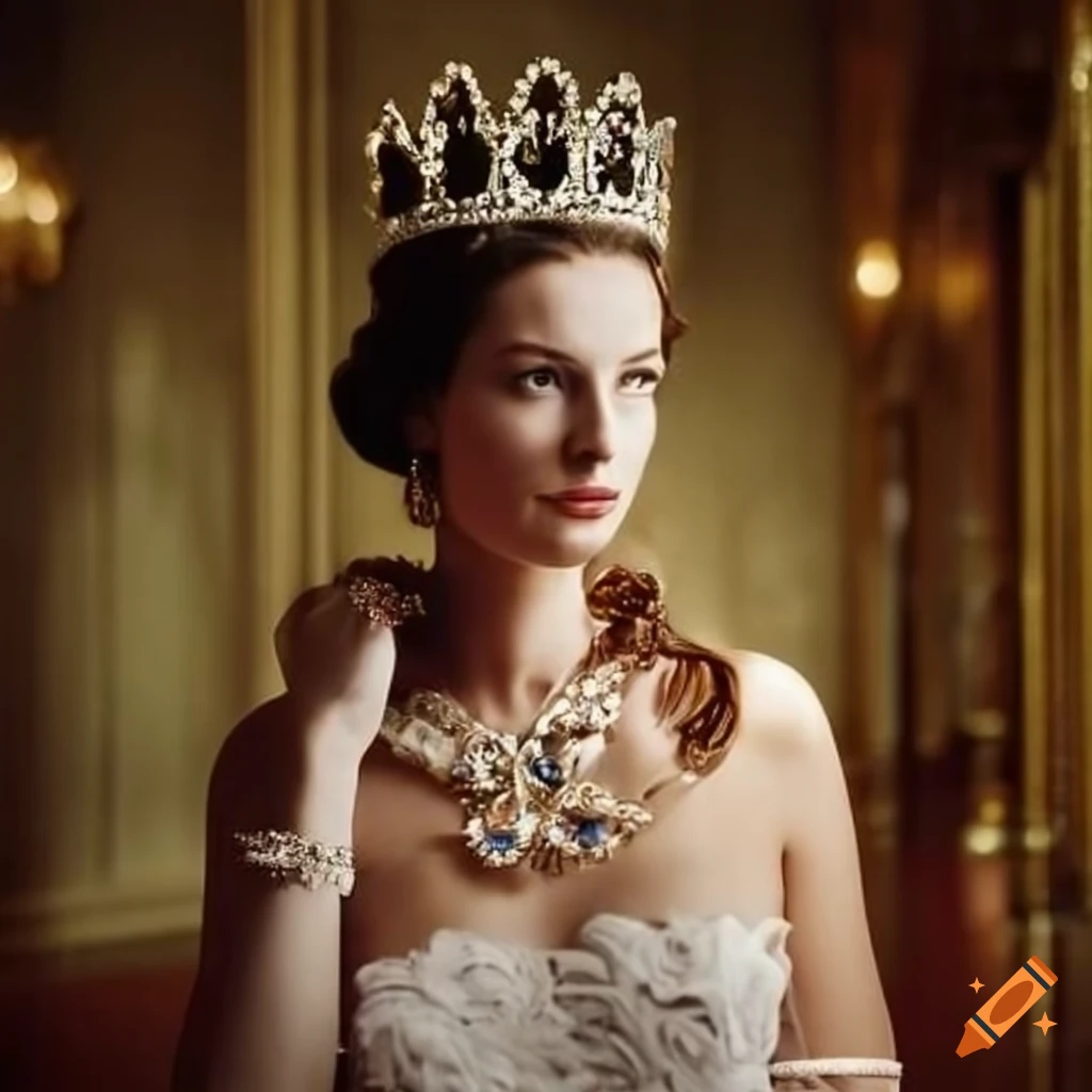 Elegant princess standing in front of a palace with a gold crown on Craiyon