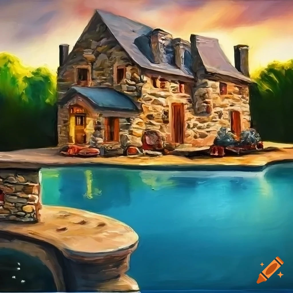 Oil painting of a big stone house with an infinity pool on Craiyon