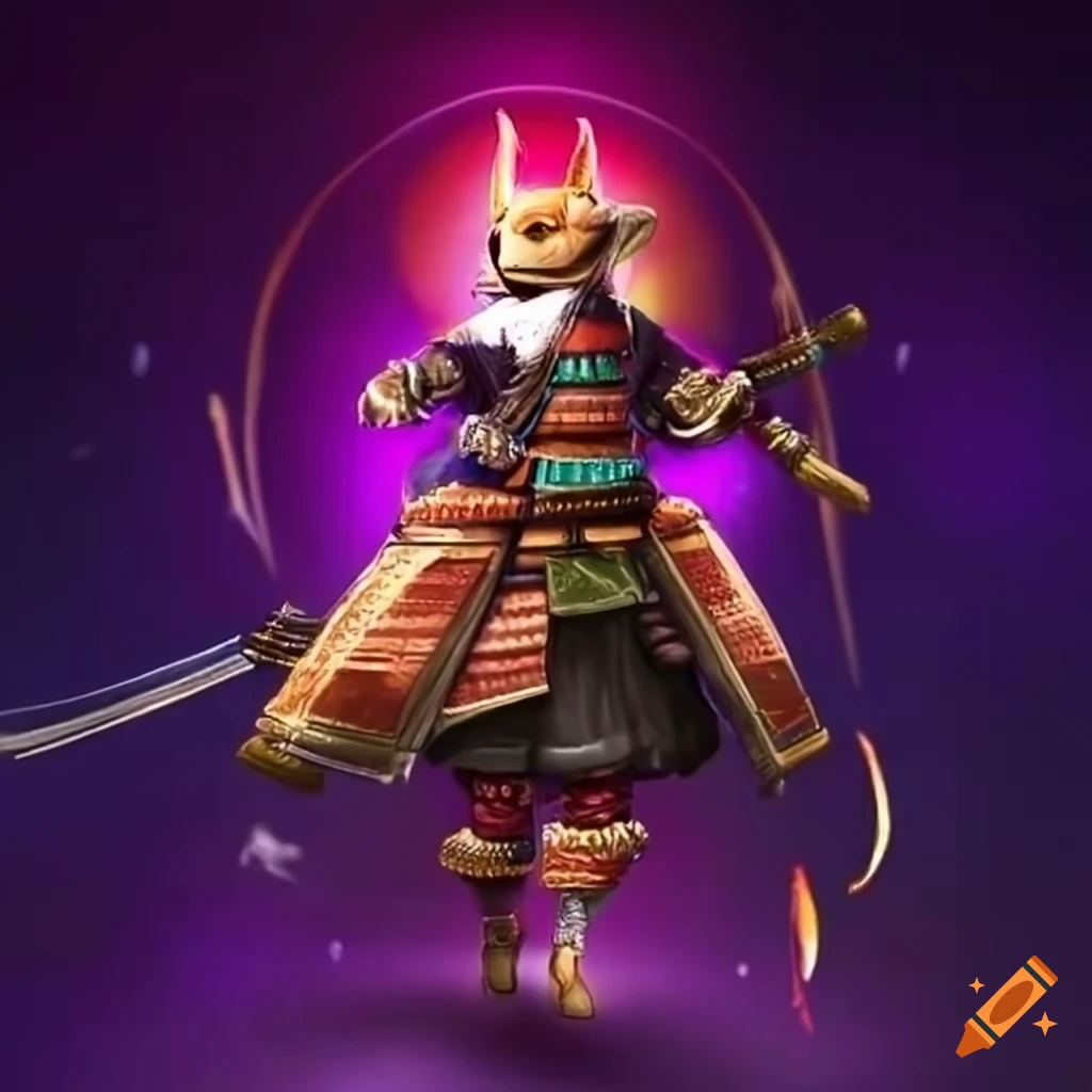 Shiba inu samurai with purple aura on Craiyon