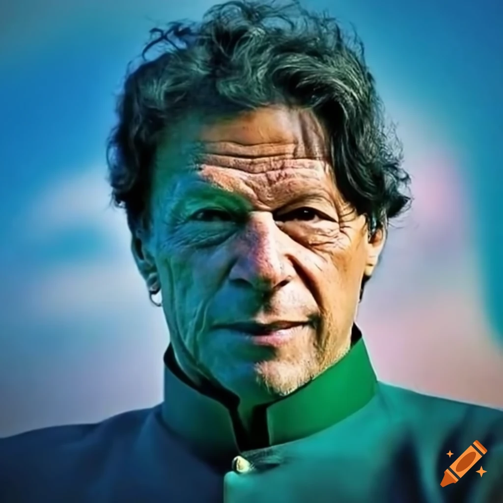 Imran khan with pakistani flag, future buildings, water, and mountains on Craiyon