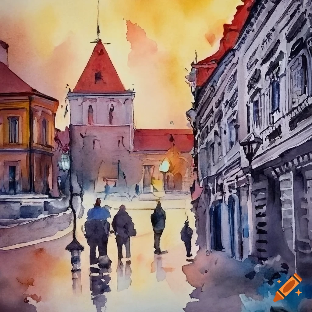 Serene watercolor painting of the historical capital of lithuania on ...