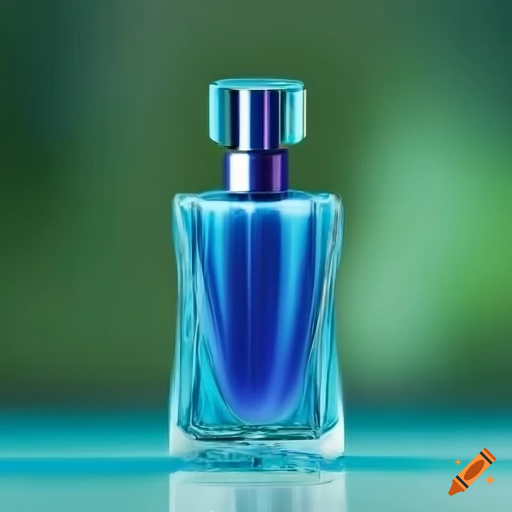 Navy blue perfume with light blue and green landscape background on Craiyon