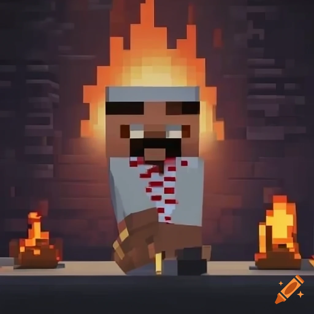 Chef in a fiery kitchen scene in minecraft on Craiyon