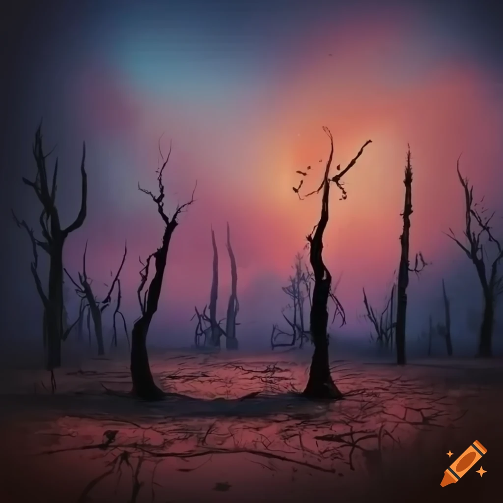 Post-apocalyptic wasteland with dead trees and fire on Craiyon