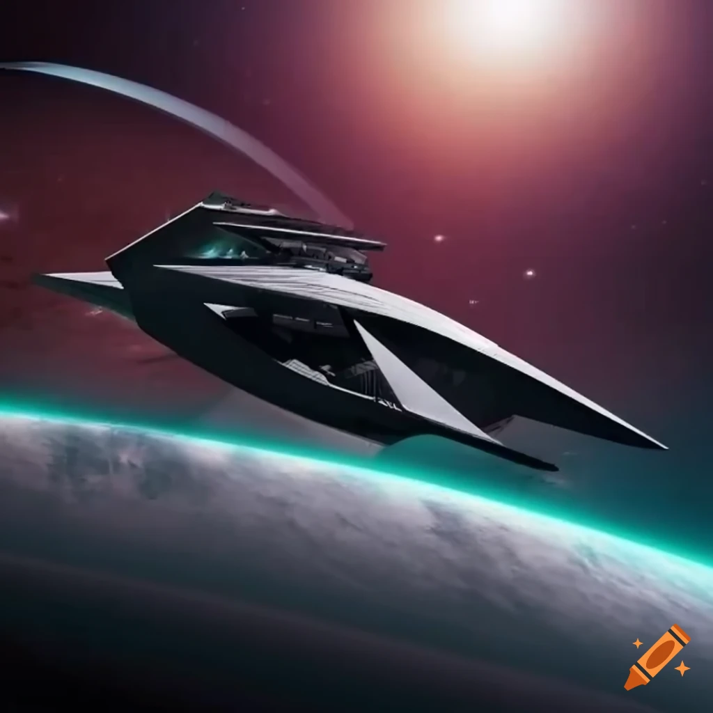 Futuristic space sailing ship between interstellar planets and stars on ...