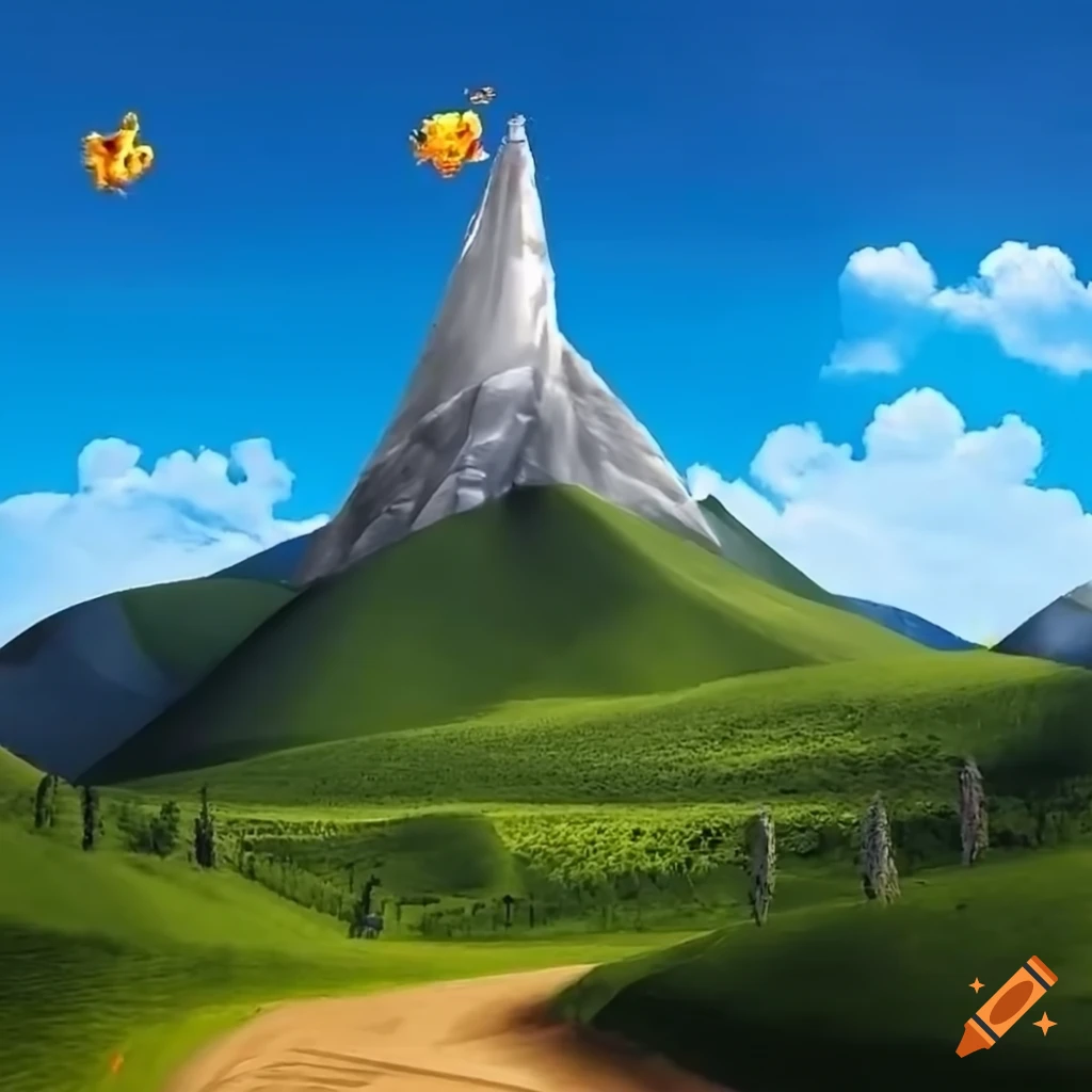 Super mario 64 tall, tall mountain landscape on Craiyon