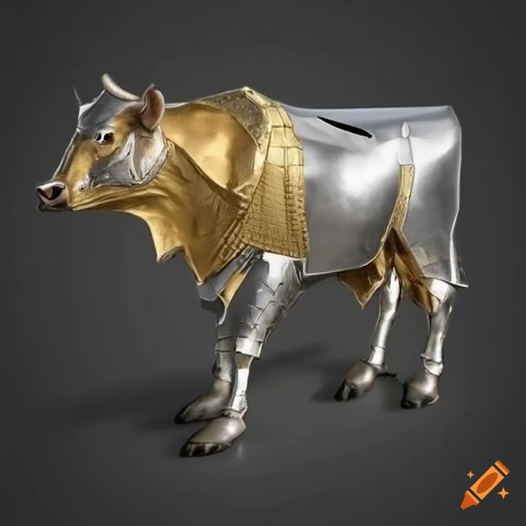 Gleaming golden cow in silver armor on Craiyon