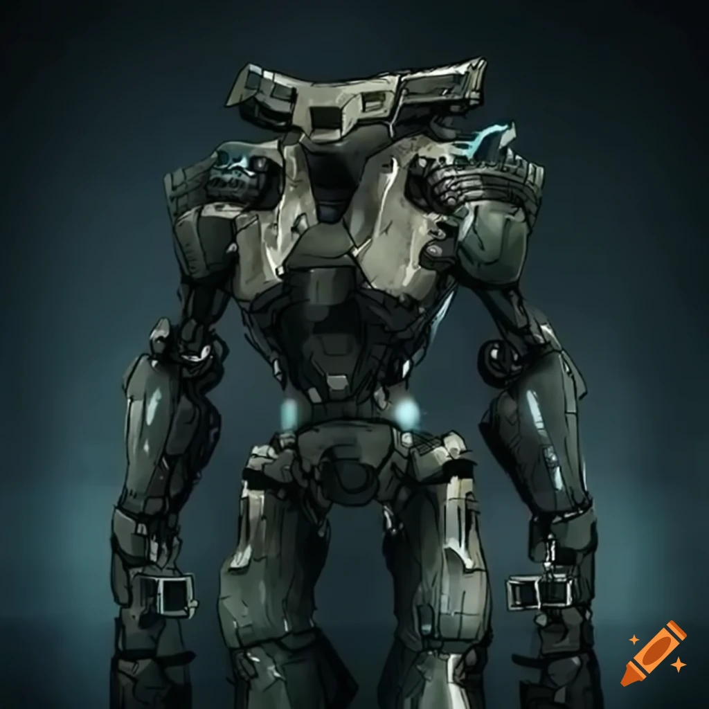Sleek and powerful mech suit with an athletic lead character, technical ...
