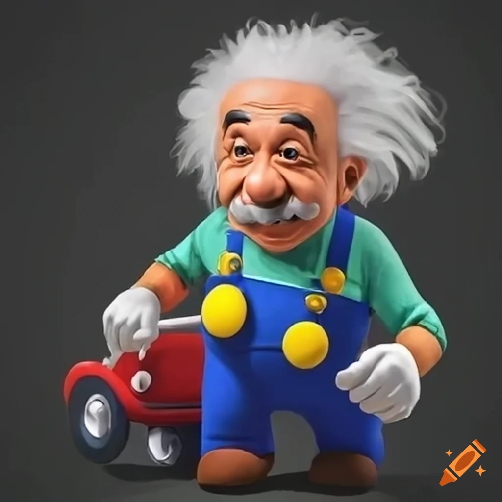 Cartoon illustration of albert einstein as a character in mario kart on ...