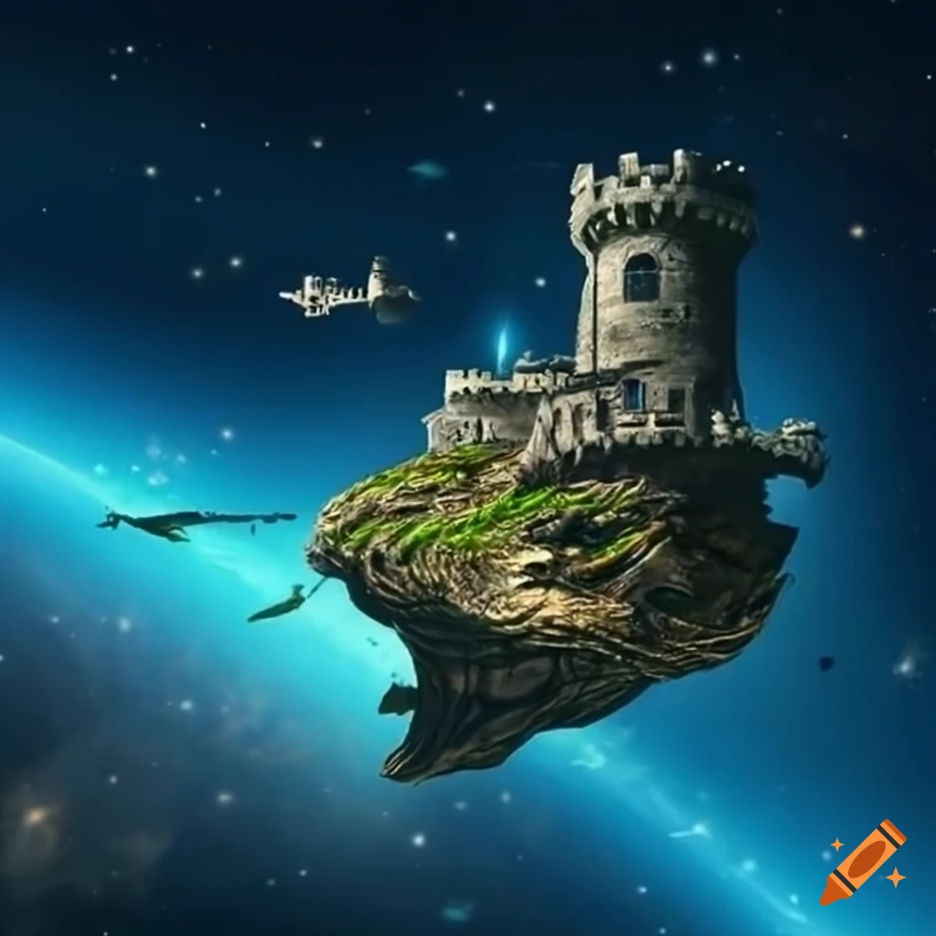Castle on a rock floating in space with a dragon and spaceship in ...