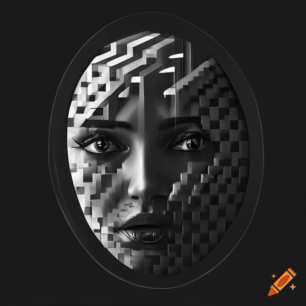 Mesmerizing monochrome artwork of impossible geometric elements with a woman's face in a mirror ...