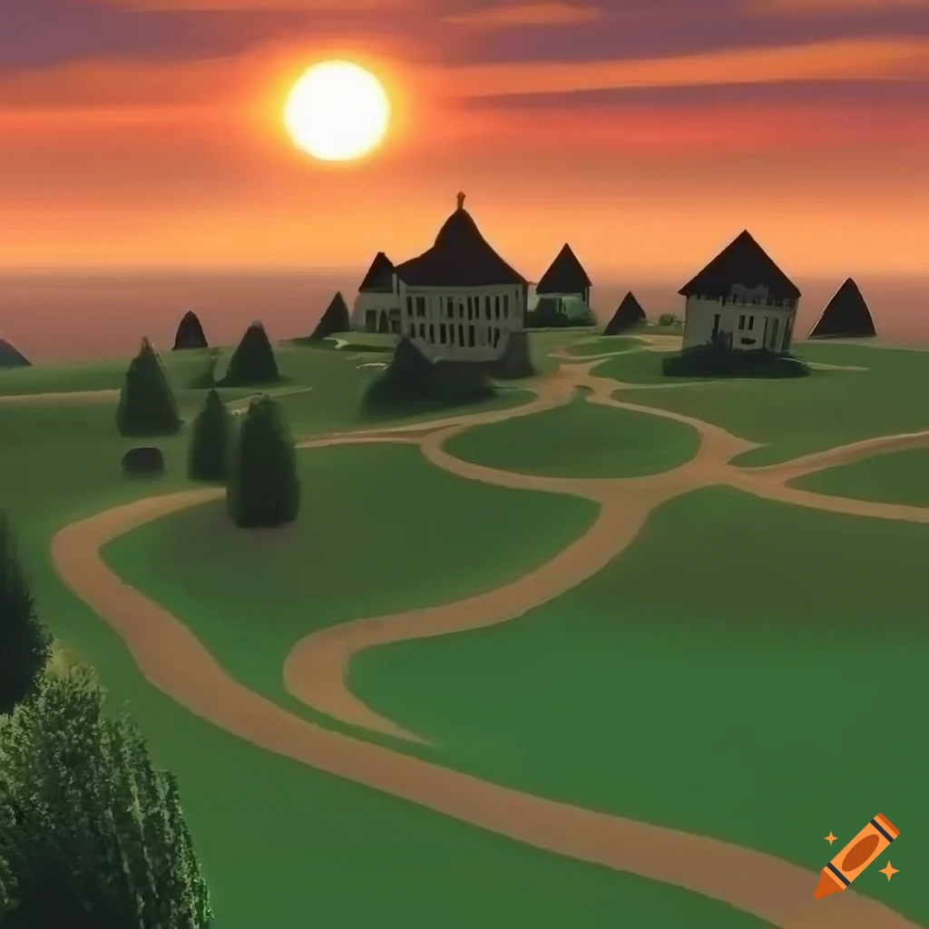 Sunset ranch landscape in super mario 64 on Craiyon