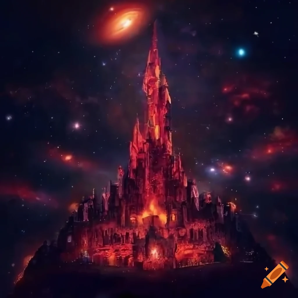 Magnificent castle flying in space surrounded by galaxies and ...