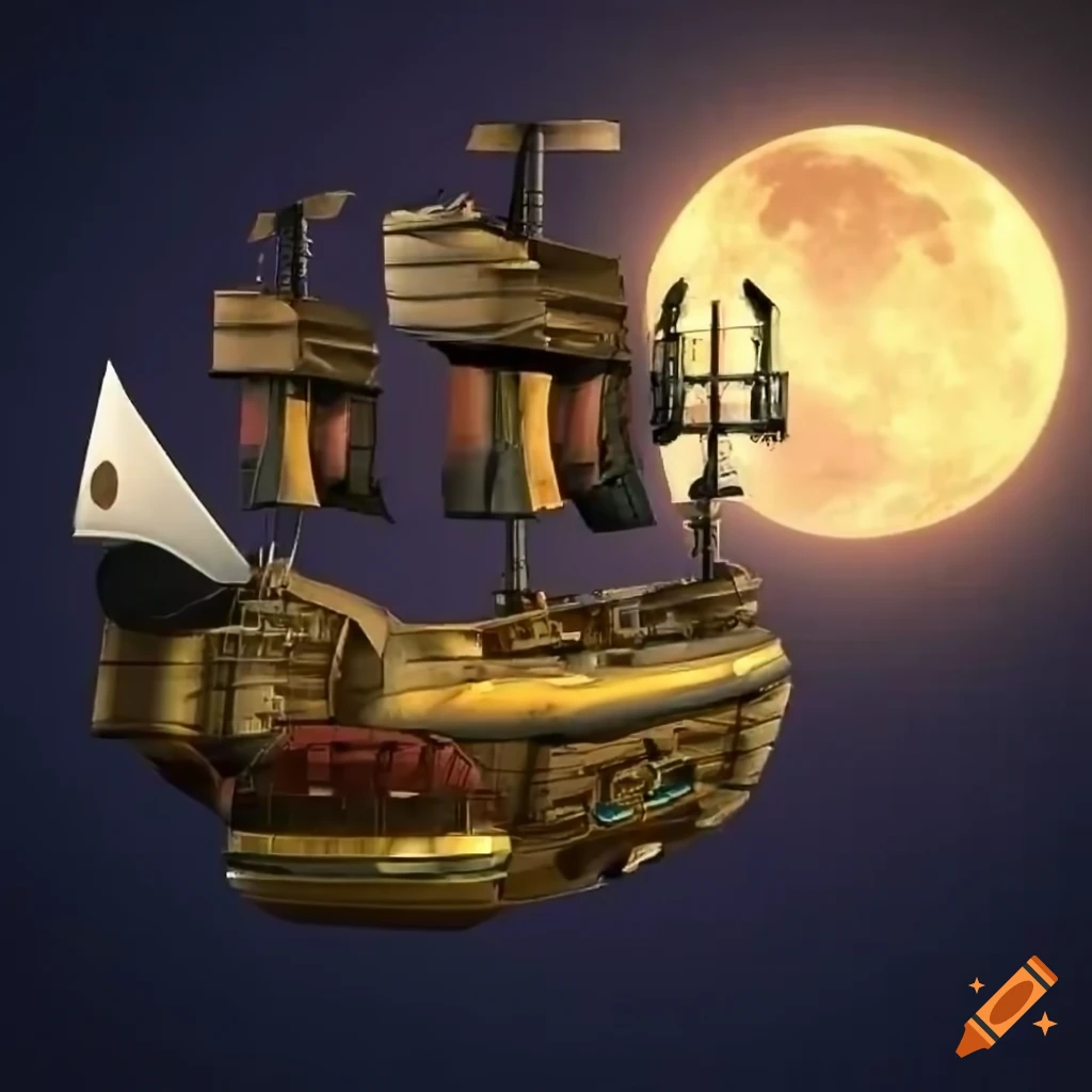 Detailed Treasure Planet solar punk ship with rocket engines flying by ...