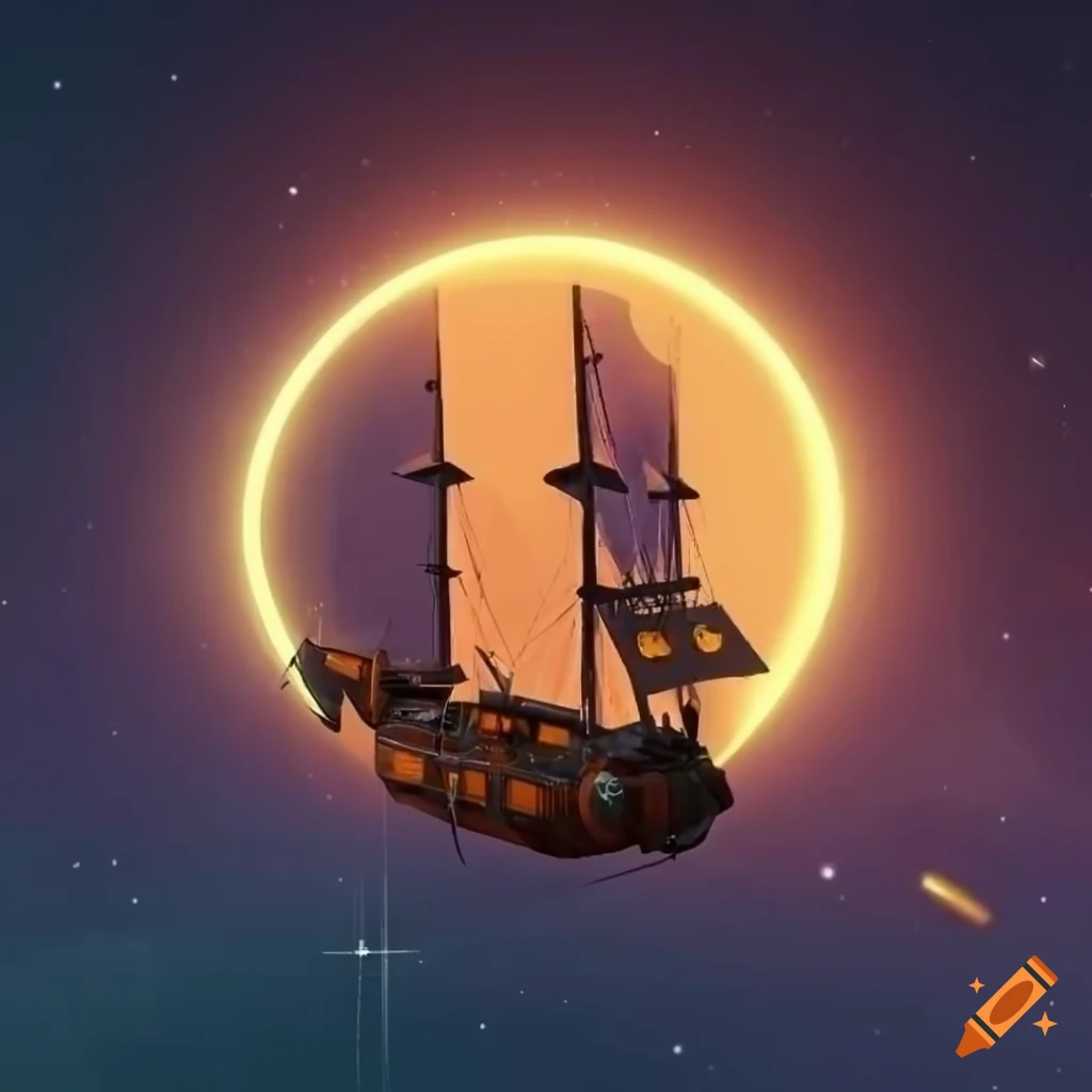 Detailed treasure planet solar punk ship with rocket engines flying by ...