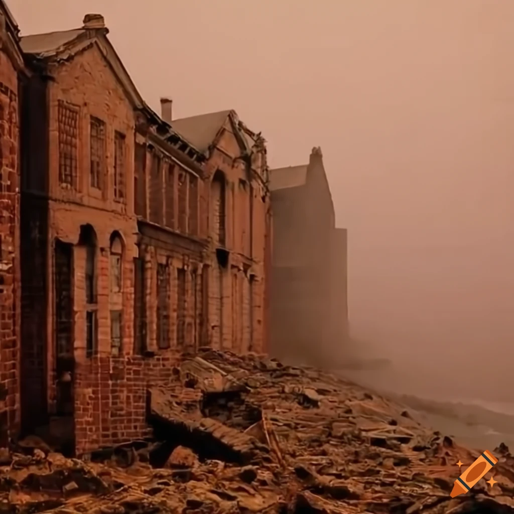 Close-up of crumbling abandoned brick buildings sinking into ocean in a ...