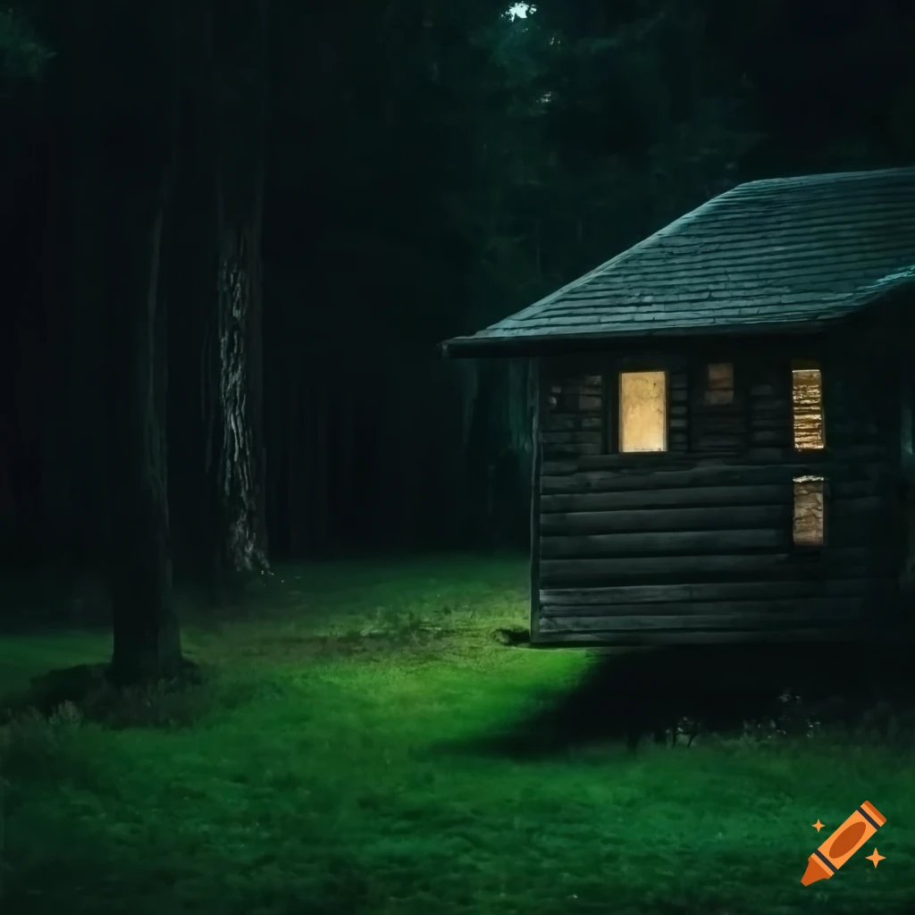 Wooden cabin in a night-time outdoor setting with dark green grass and ...