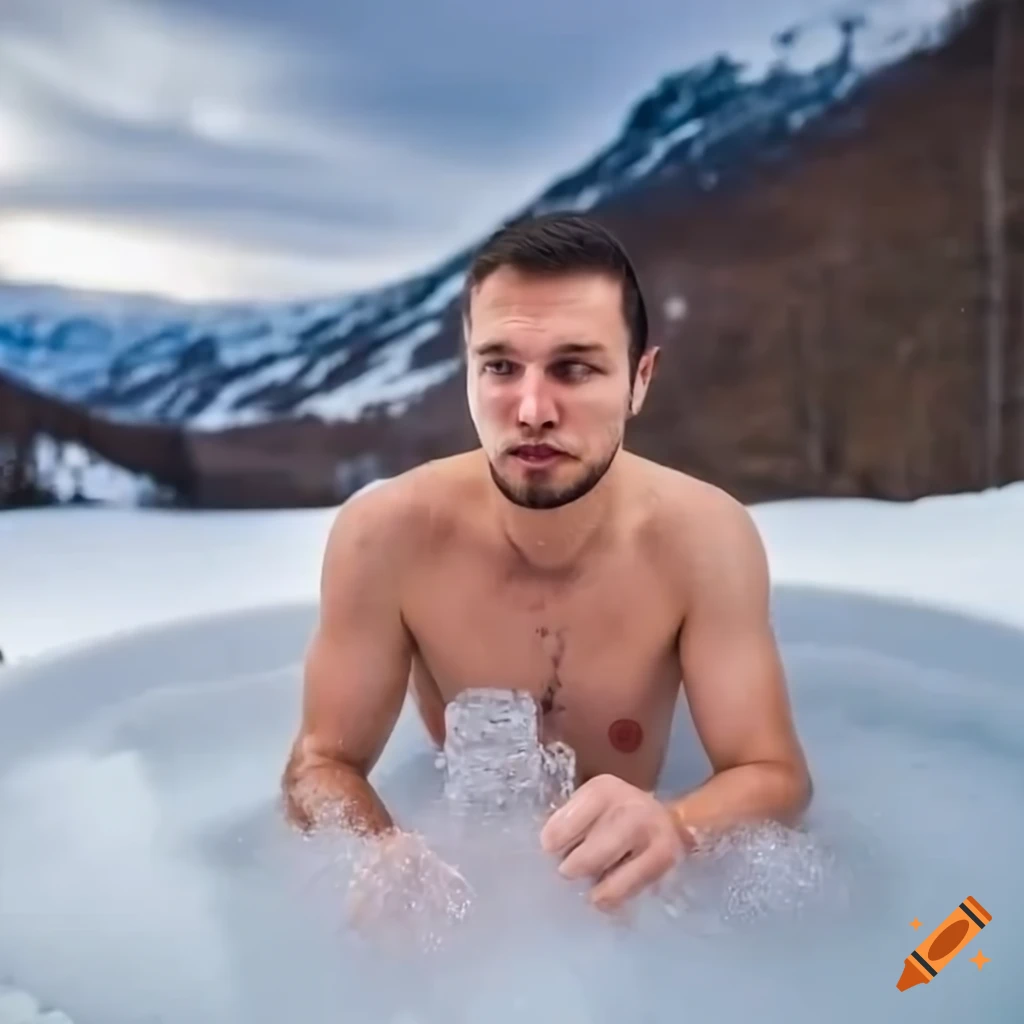Man sitting in ice bath surrounded by snow-covered mountains on Craiyon