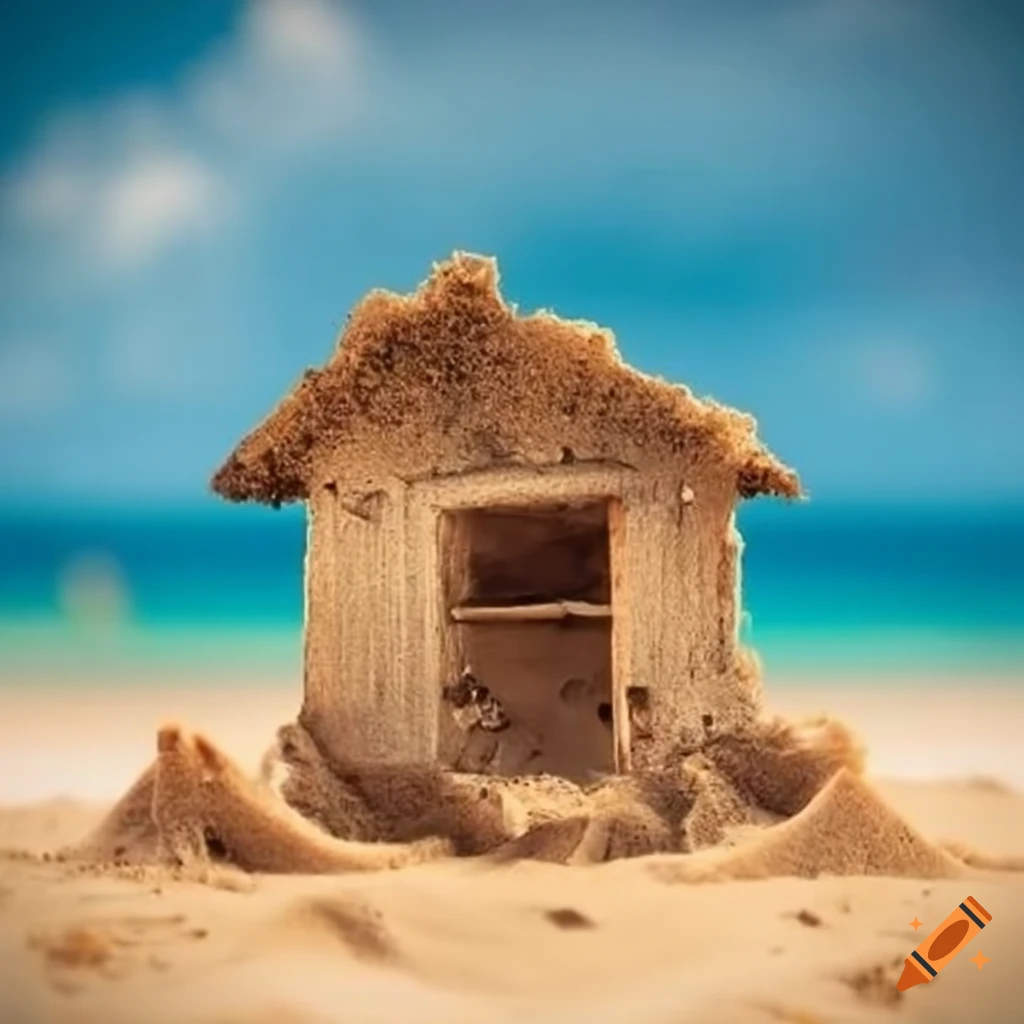 Ruined small sand house on the beach on Craiyon