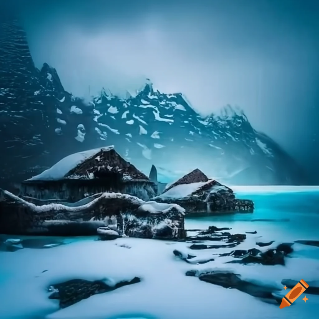 Ice-covered post-apocalyptic tahiti islands during a snowstorm on Craiyon
